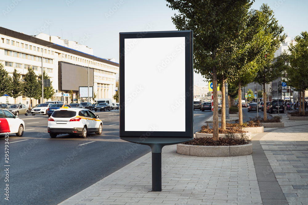 Vertical commercial banner stand with blank digital screen to advertise ...