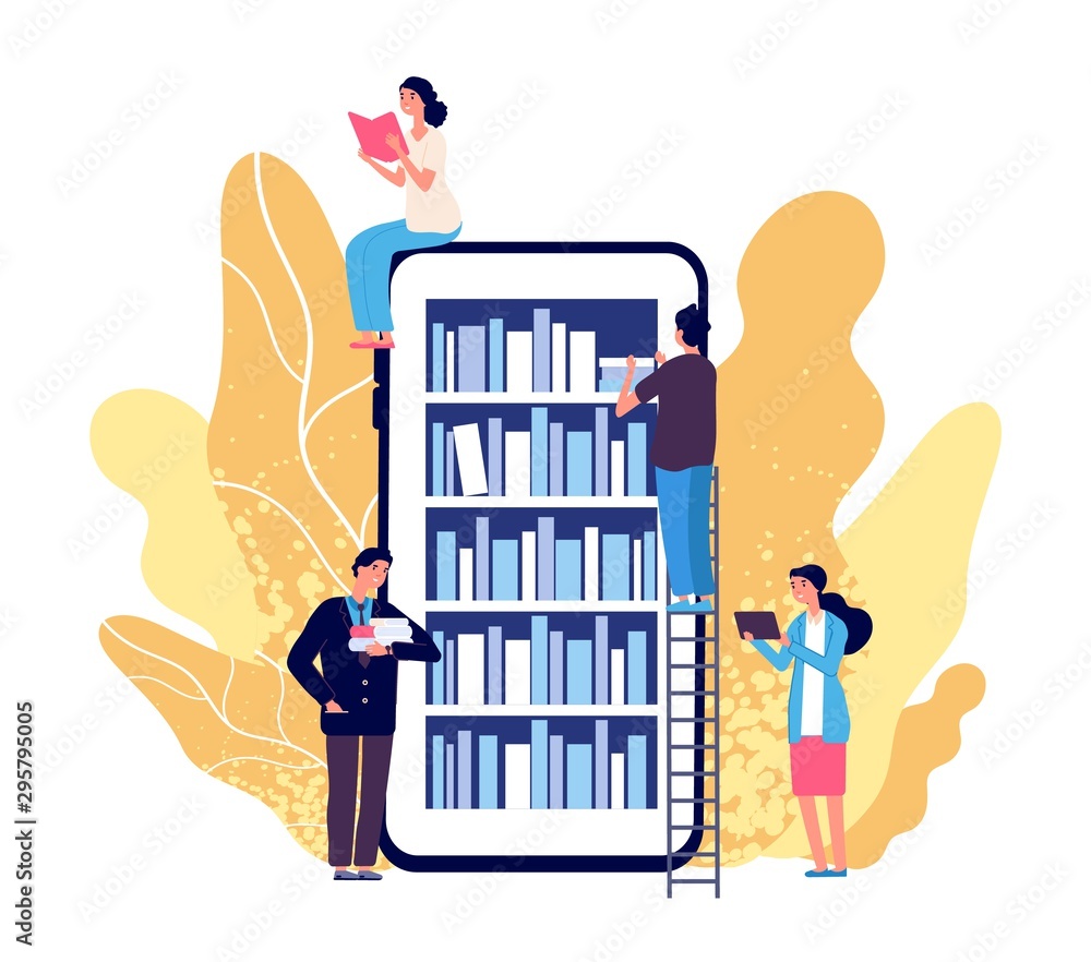 Online library. People reading books. Vector smartphone with reader app ...