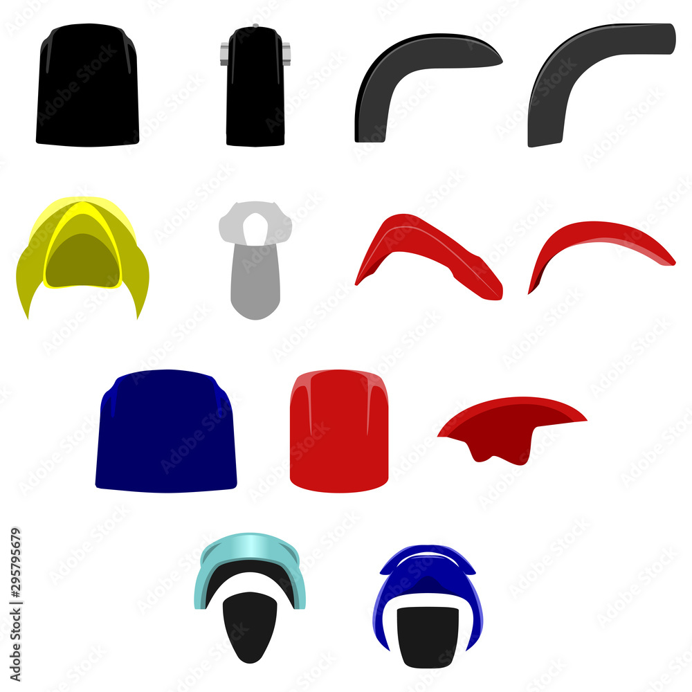 Different types os motorcycle fender front, back and side view isolated ...