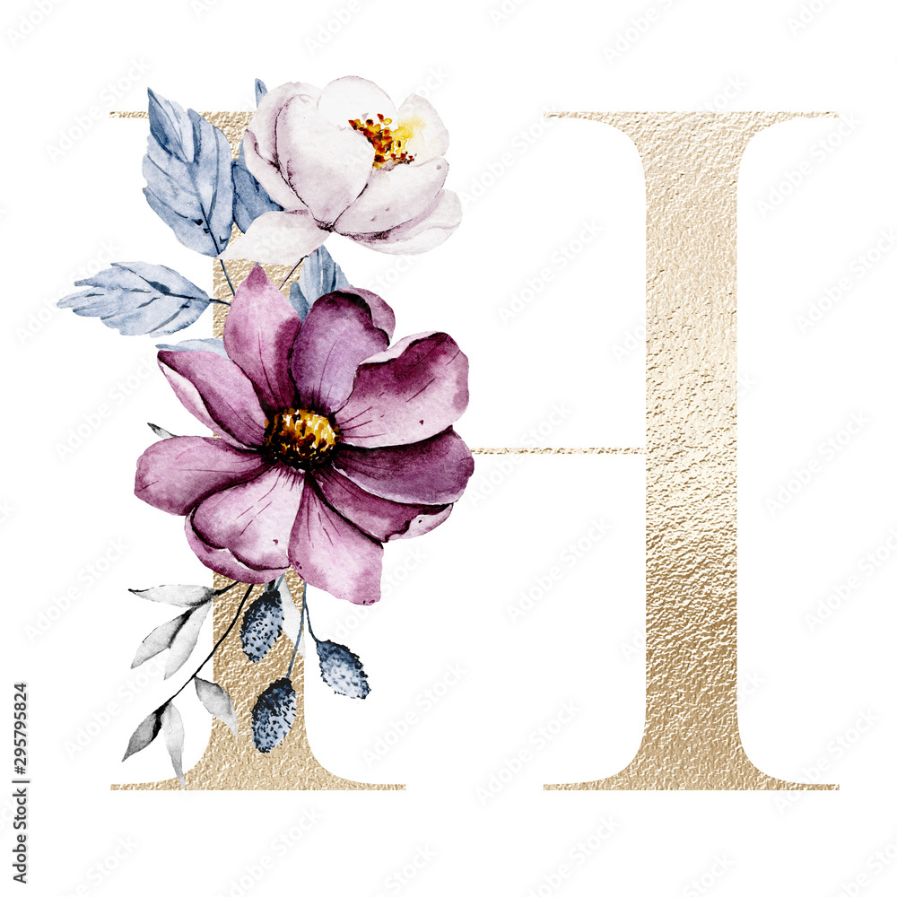 Letter h with watercolor flowers and leaves. Gold floral alphabet ...