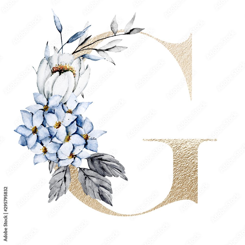 Letter g with watercolor flowers and leaves. Gold floral alphabet ...
