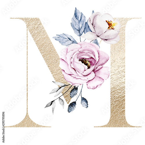 Letter m with watercolor flowers and leaves. Gold floral alphabet ...