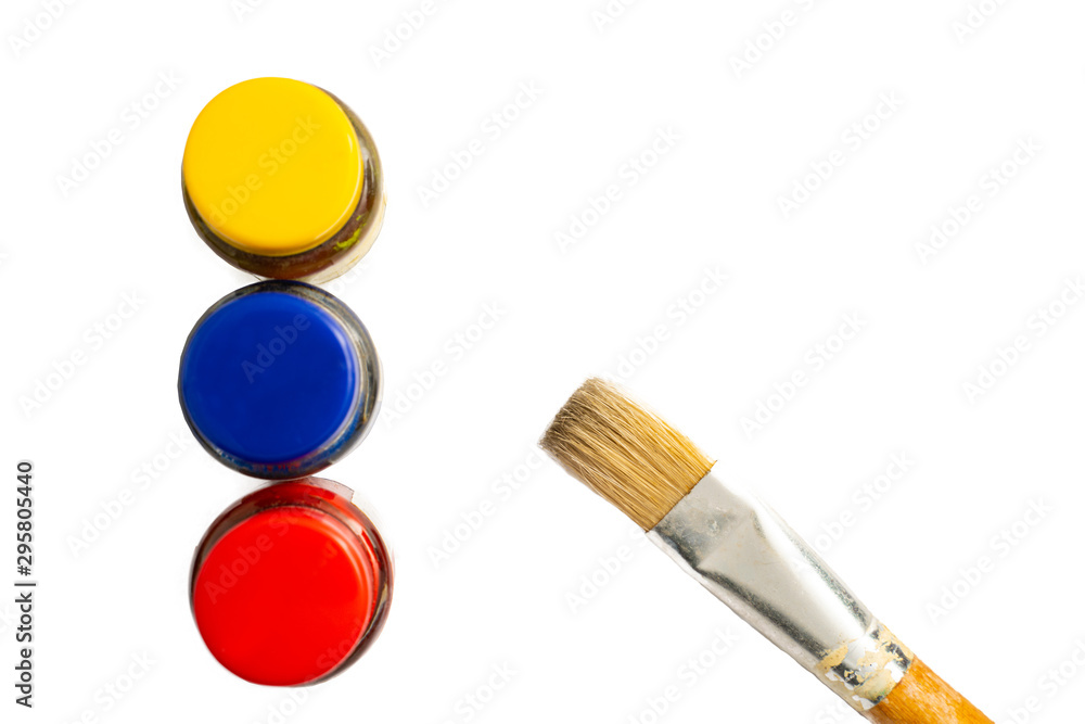Top view of opened bottles of primary color on white background. Stock ...