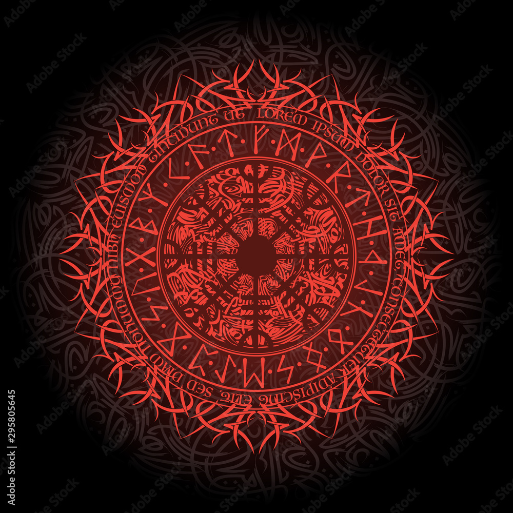 Red circle scandinavian runic grunge symbol isolated on black ...