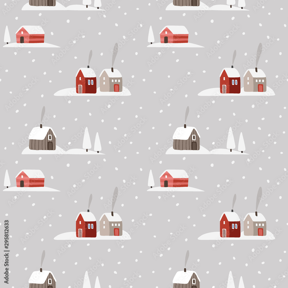 Beautiful Christmas seamless pattern. Winter snowy landscape with red ...