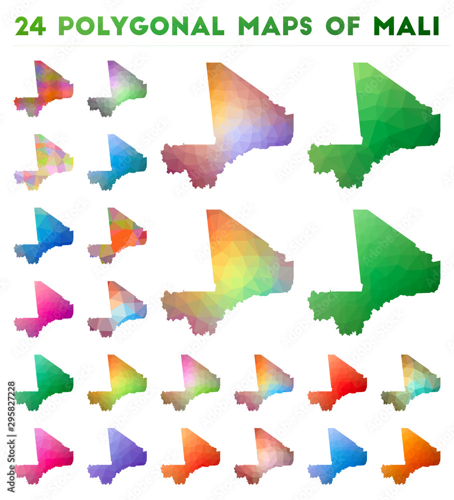 Set of vector polygonal maps of Mali. Bright gradient map of country in ...