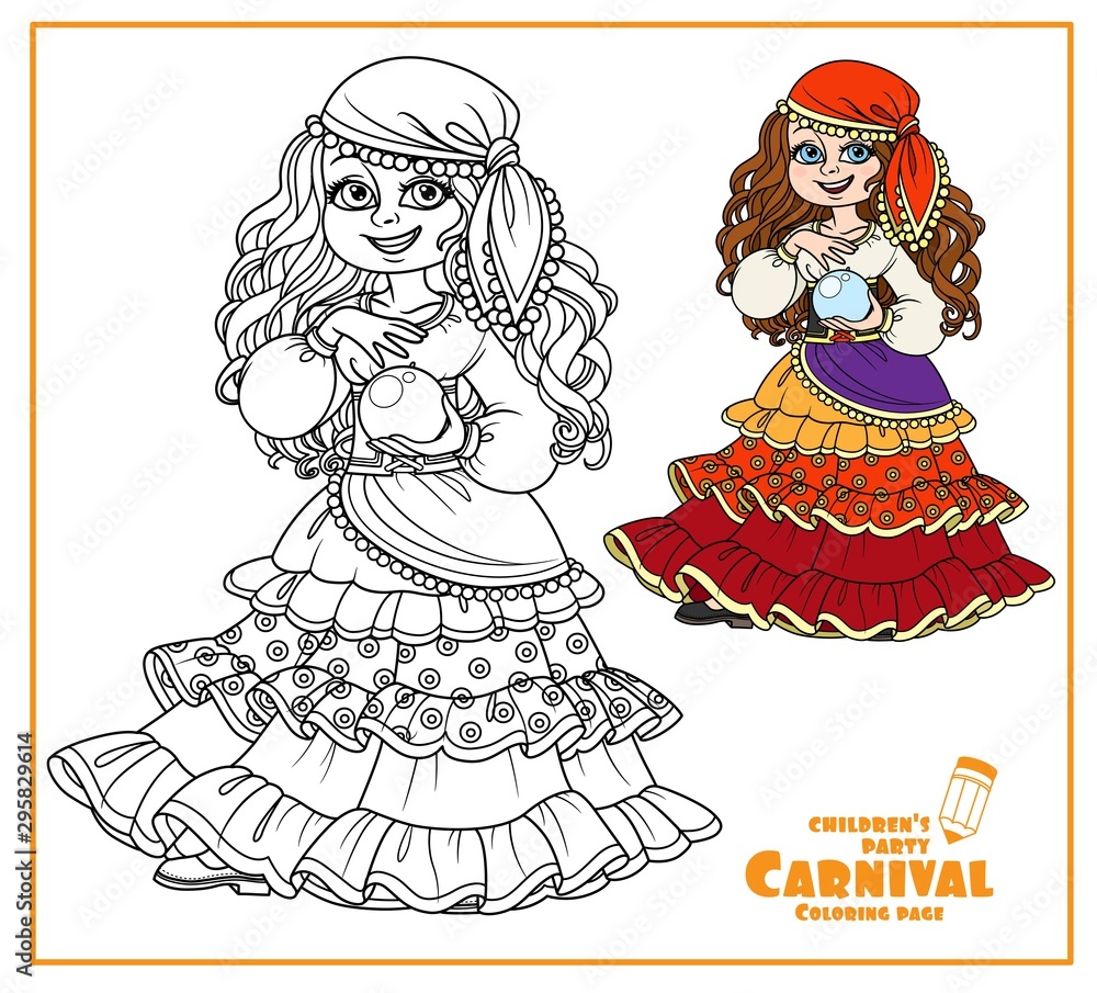 Cute girl in gypsy carnival costume with a fortune-telling ball in hand ...