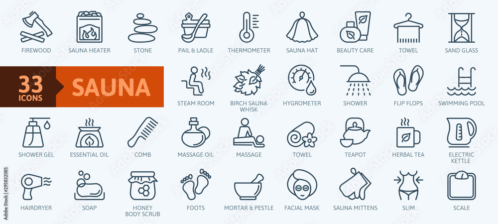 Sauna elements - thin line web icon set. Outline icons collection ...