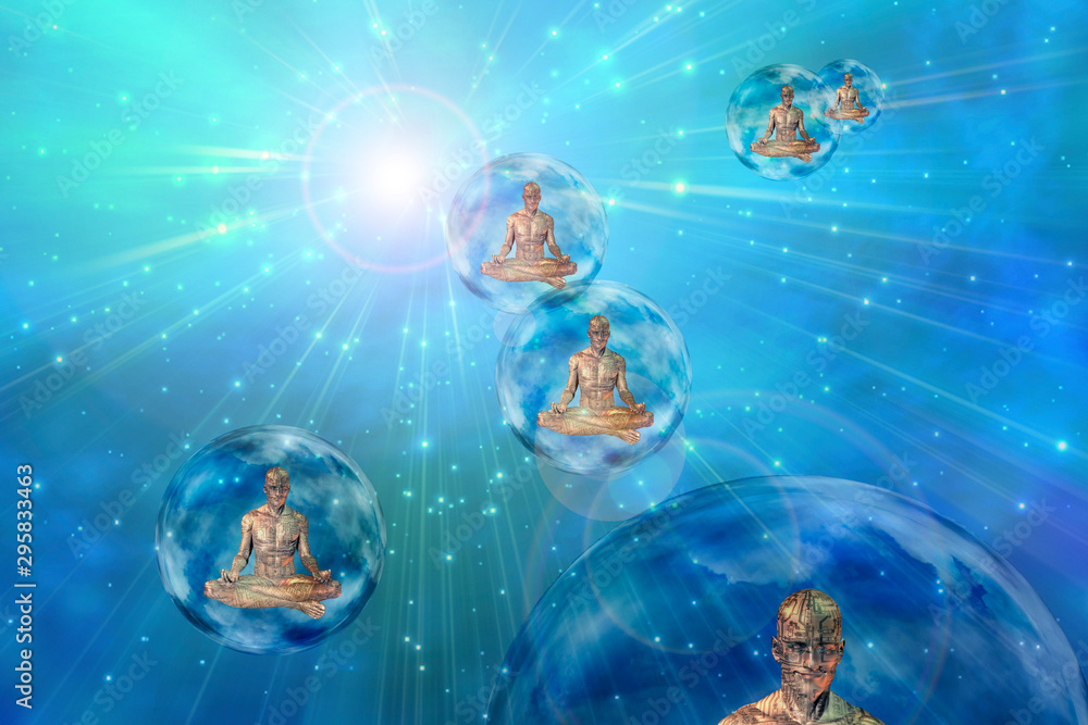 Cyborgs meditation. Robots meditates in transparent spheres Stock ...