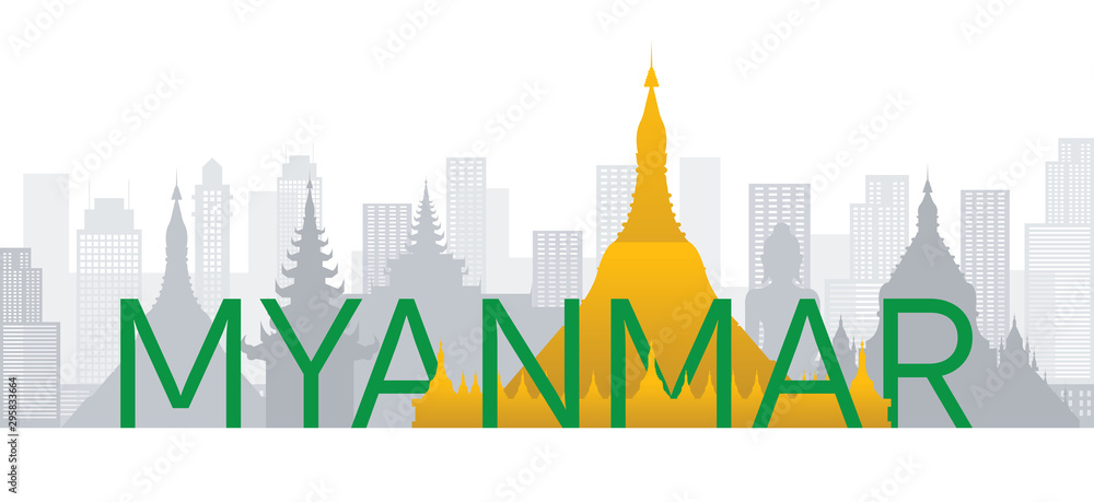 Myanmar Skyline Landmarks with Text or Word Stock Vector | Adobe Stock