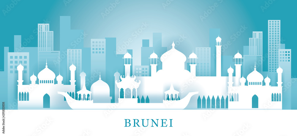 Poster Brunei Skyline Landmarks in Paper Cutting Style – Wall Art ...