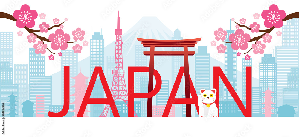 Japan Skyline Landmarks with Text or Word Stock Vector | Adobe Stock