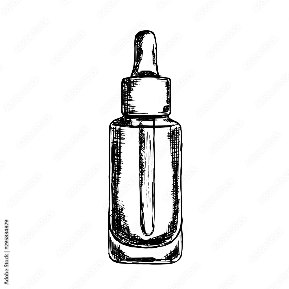 Vector hand drawn dropper bottle for medical or cosmetic fluid, serum ...