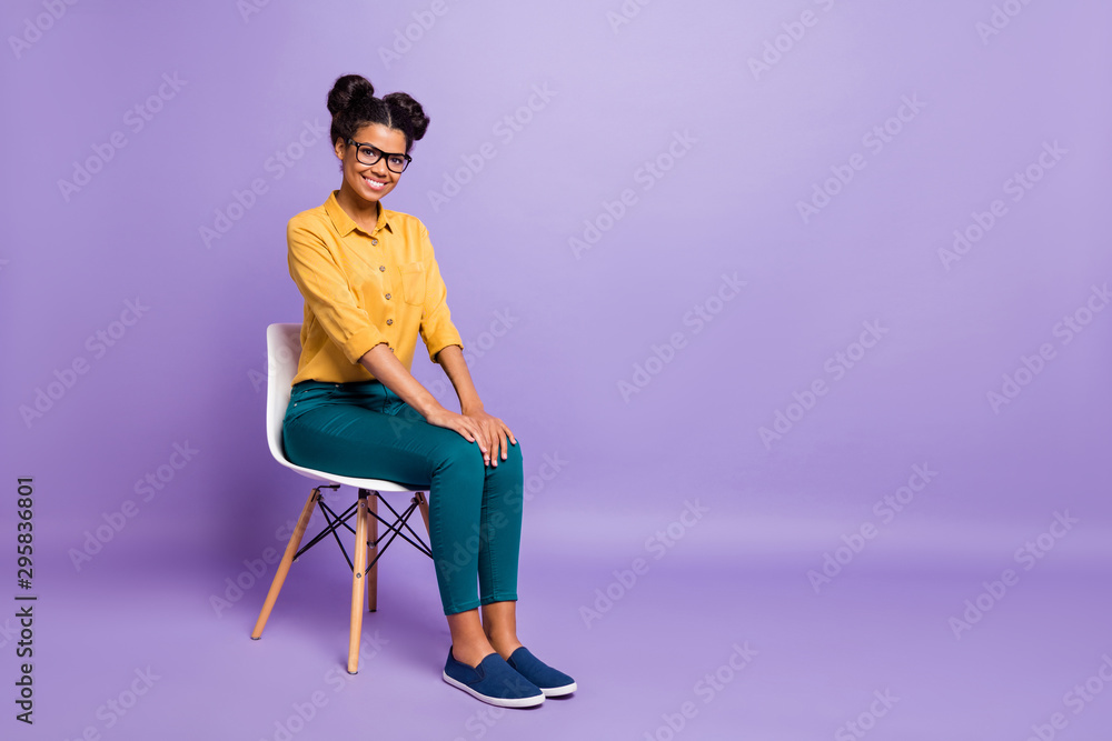 Full length photo of amazing dark skin lady sitting cozy on chair ...