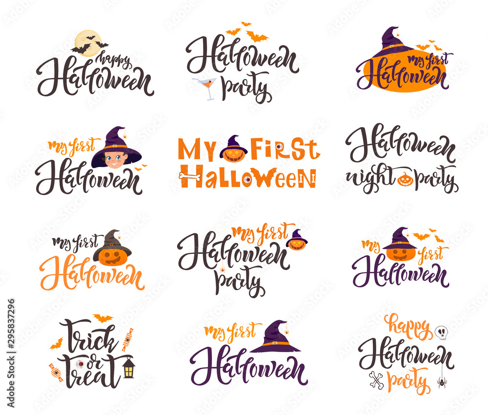 Happy Halloween quote set. Collection of vector illustrations lettering ...