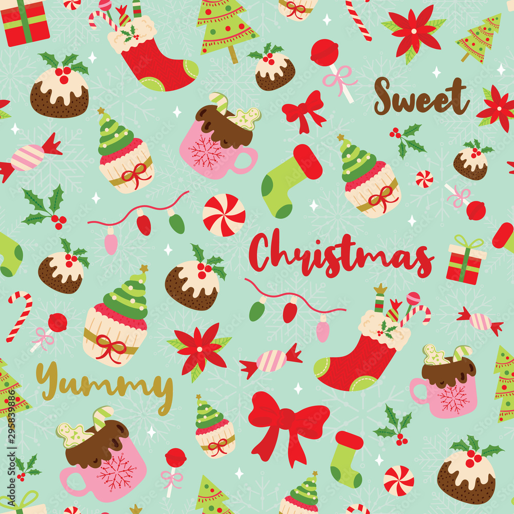 Christmas seamless pattern with sweet desserts, hot chocolate, candies ...