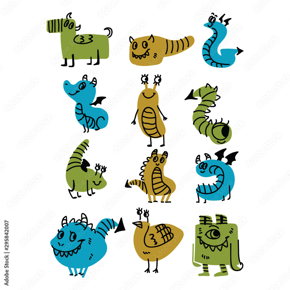 Cute simple vector monster illustrations. Hand drawn fantasy creature ...