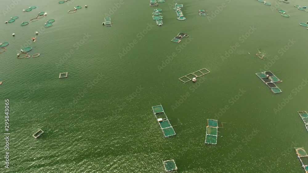 Vídeo do Stock: Aerial view of fish farm with cages for fish and shrimp ...