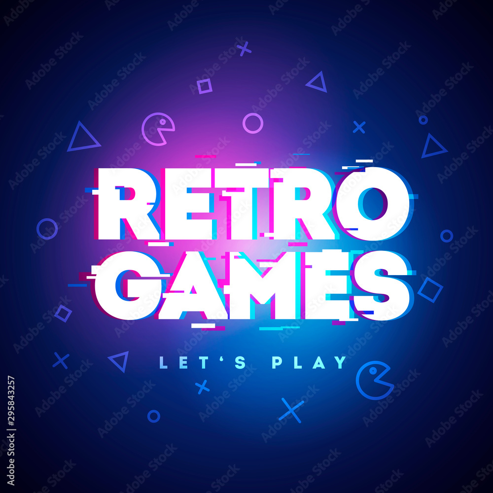 Vector Illustration Retro Games Neon Sign. Game Logo With Glitch Effect ...