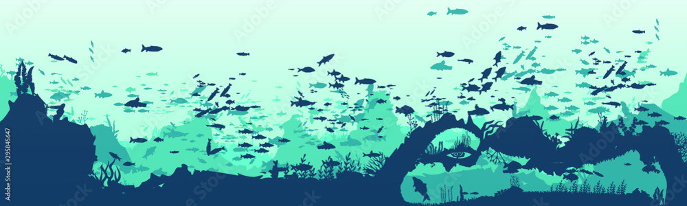 Silhouette of fish and algae on the background of reefs. Underwater ...