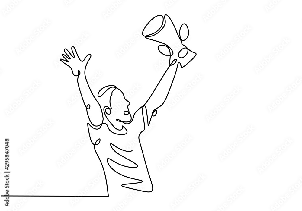 Continuous line drawing of winner holding and raising champion trophy ...