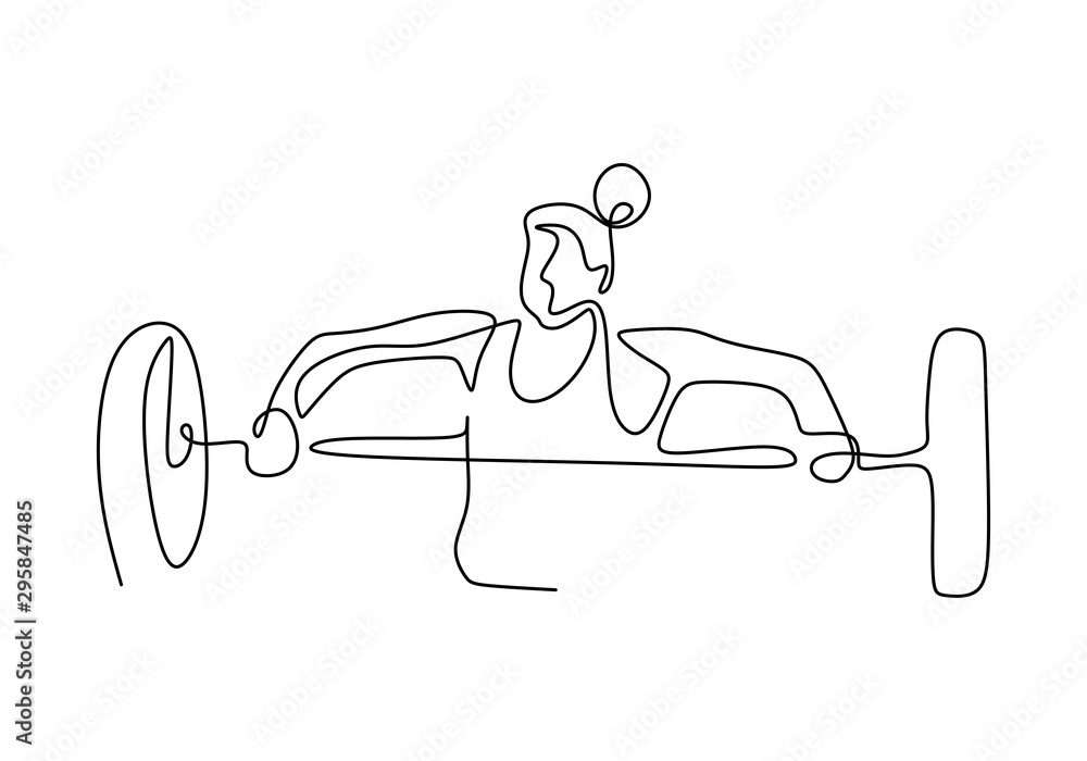 One line drawing of woman body builder at gym. Girl workout with ...