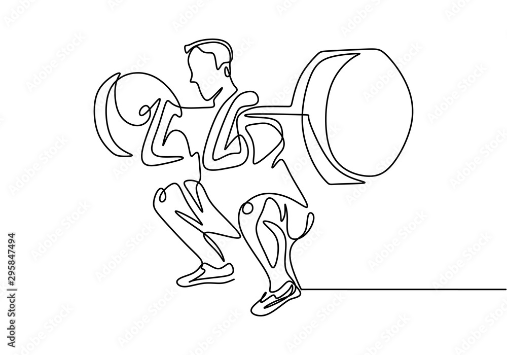 One line drawing of man body builder at gym. Male person workout with ...