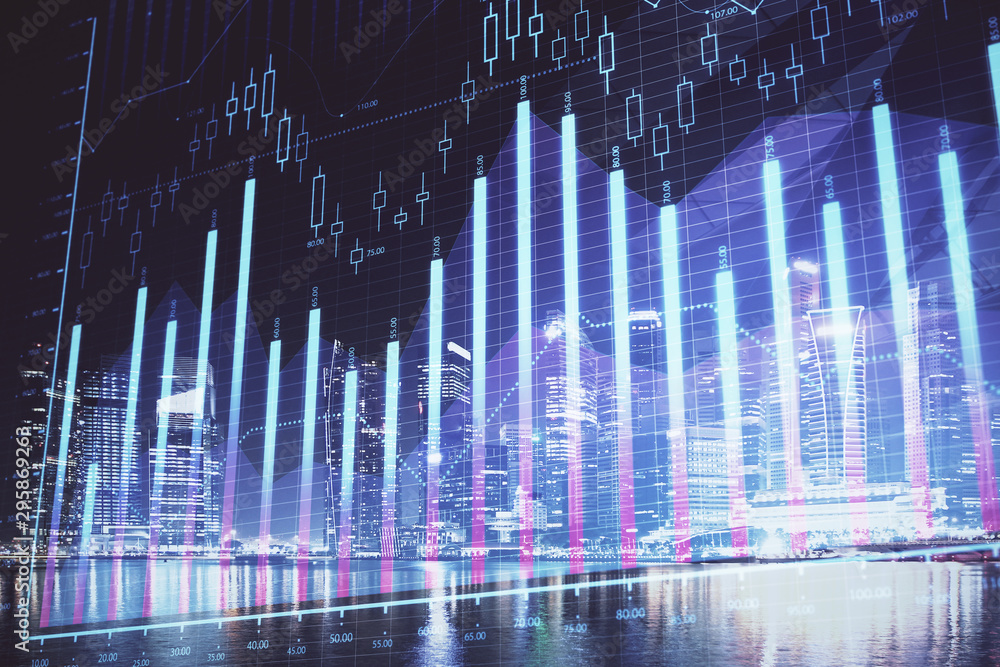Financial chart on city scape with tall buildings background multi ...
