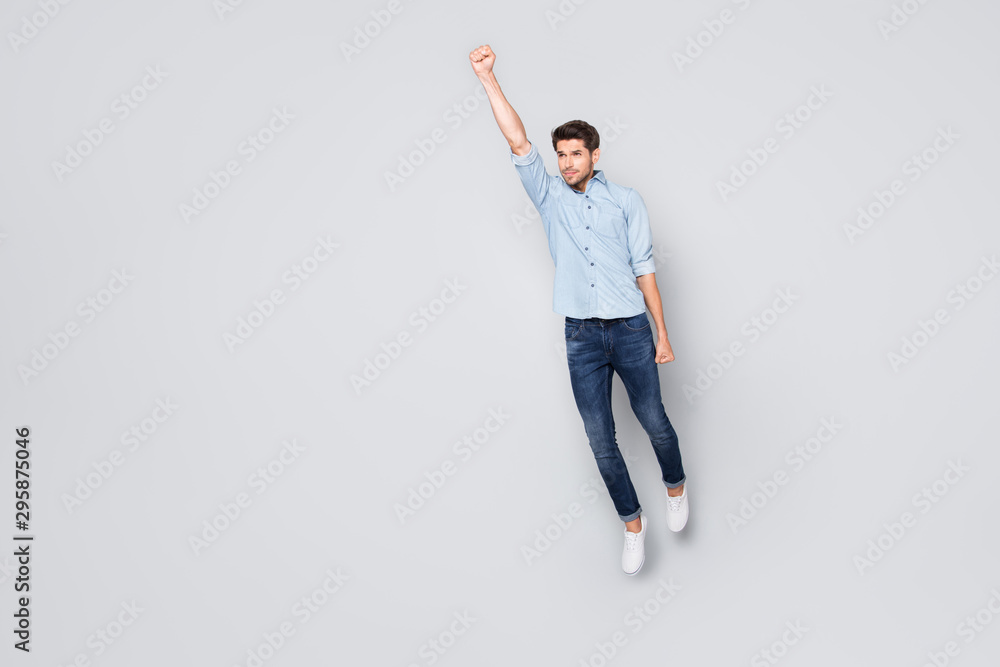 Full length body size photo of aspiring man flying confidently to sales ...