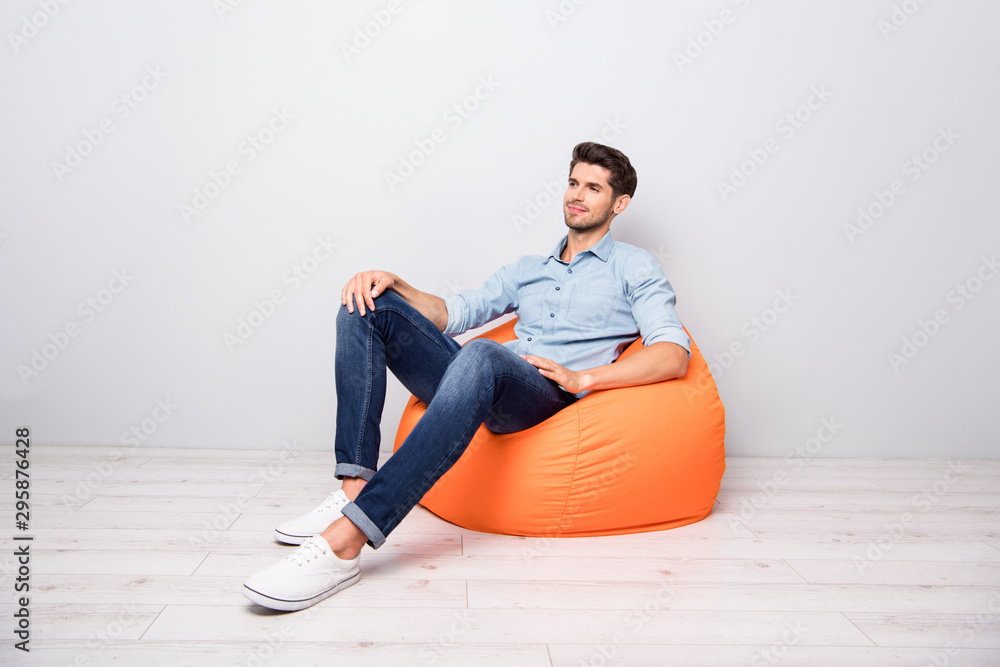 Turned full length body size photo of cheerful confident relaxing man ...