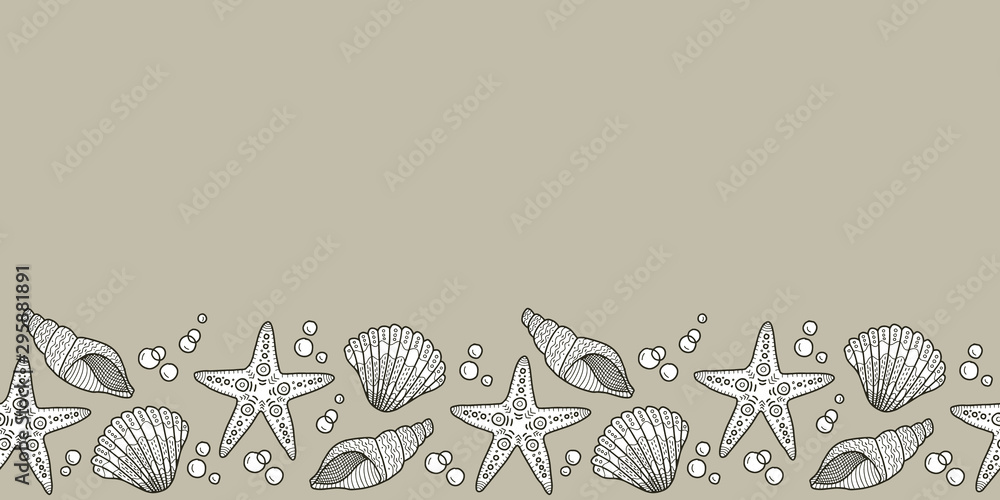 Vector shell seamless border in brown. Simple doodle seashell hand ...