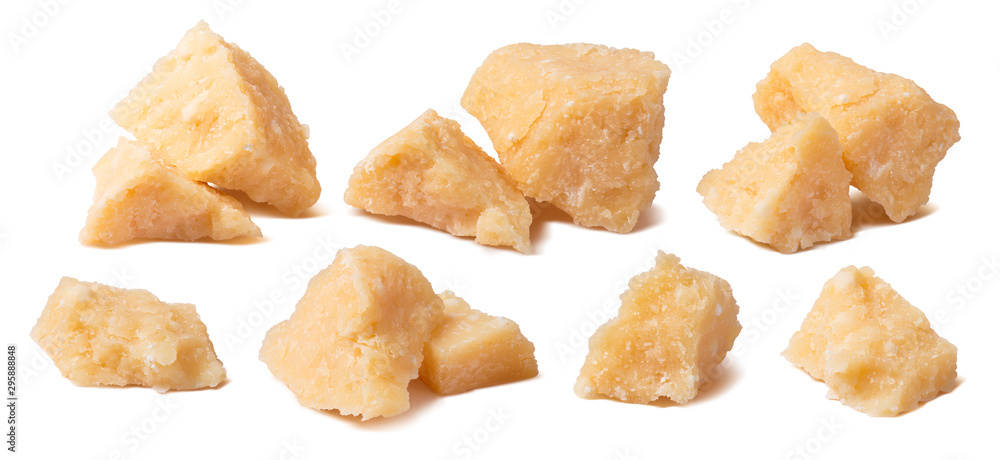 Pieces or shards of parmesan cheese isolated on white background ...