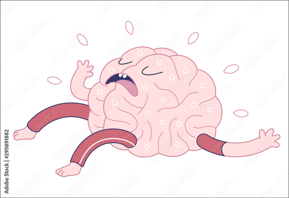 Exhausted brain lying on its back - flat cartoon vector illustration. A ...