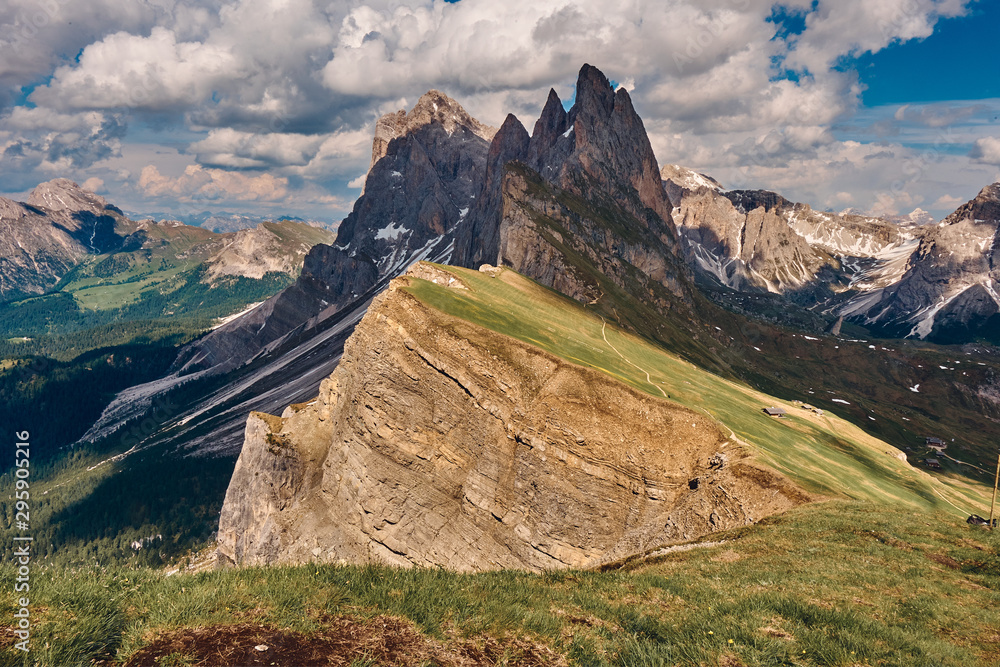 The landscape around the top of Seceda peak, Dolomites, Italy Stock ...