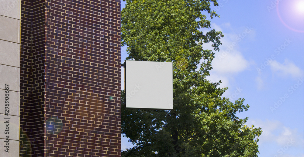 Blank white square banner mock up on brick wall mounted Stock Photo ...