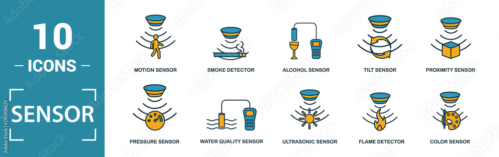 Sensor icon set. Include creative elements water quality sensor, smoke ...