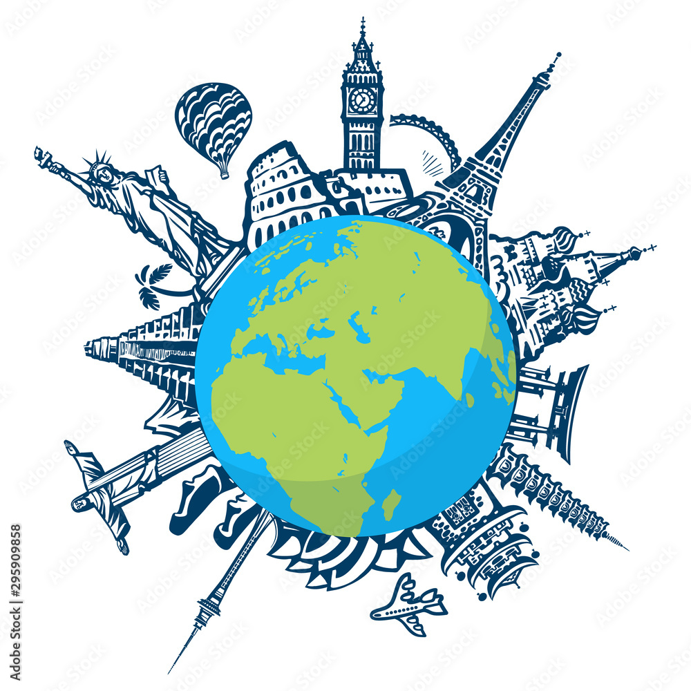 Poster Famous world landmarks located around the globe isolated on ...