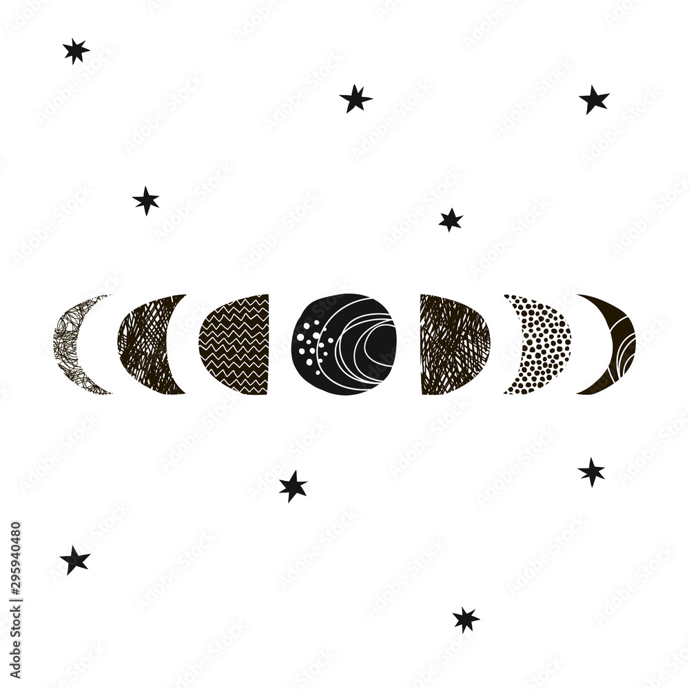 Moon childish hand drawn vector artwork. Doodle moon growth stages ...