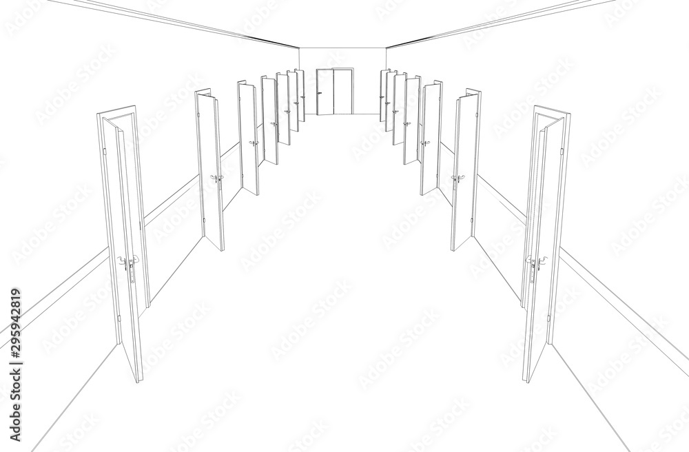 long corridor with doors, contour visualization, 3D illustration ...