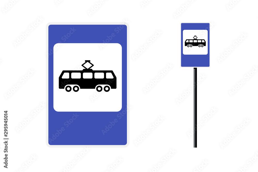 Tram stop post station flat design. Blue city road public transport ...