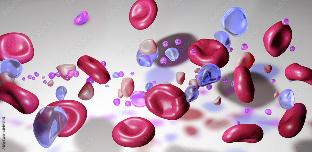 3D illustration, graphic representation of red blood cells and other ...