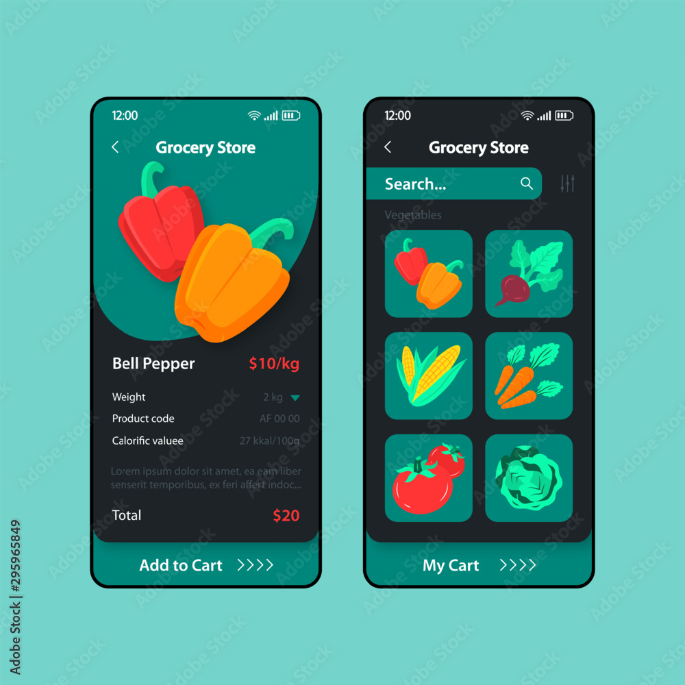 Grocery store smartphone interface vector template set. Mobile app page ...
