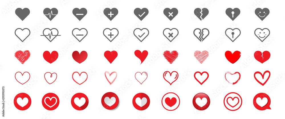 Set of hearts icons in different styles. Big collection symbol of heart ...