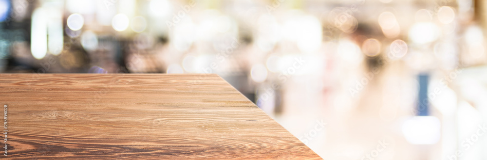 wood table top product display background with blur department store ...