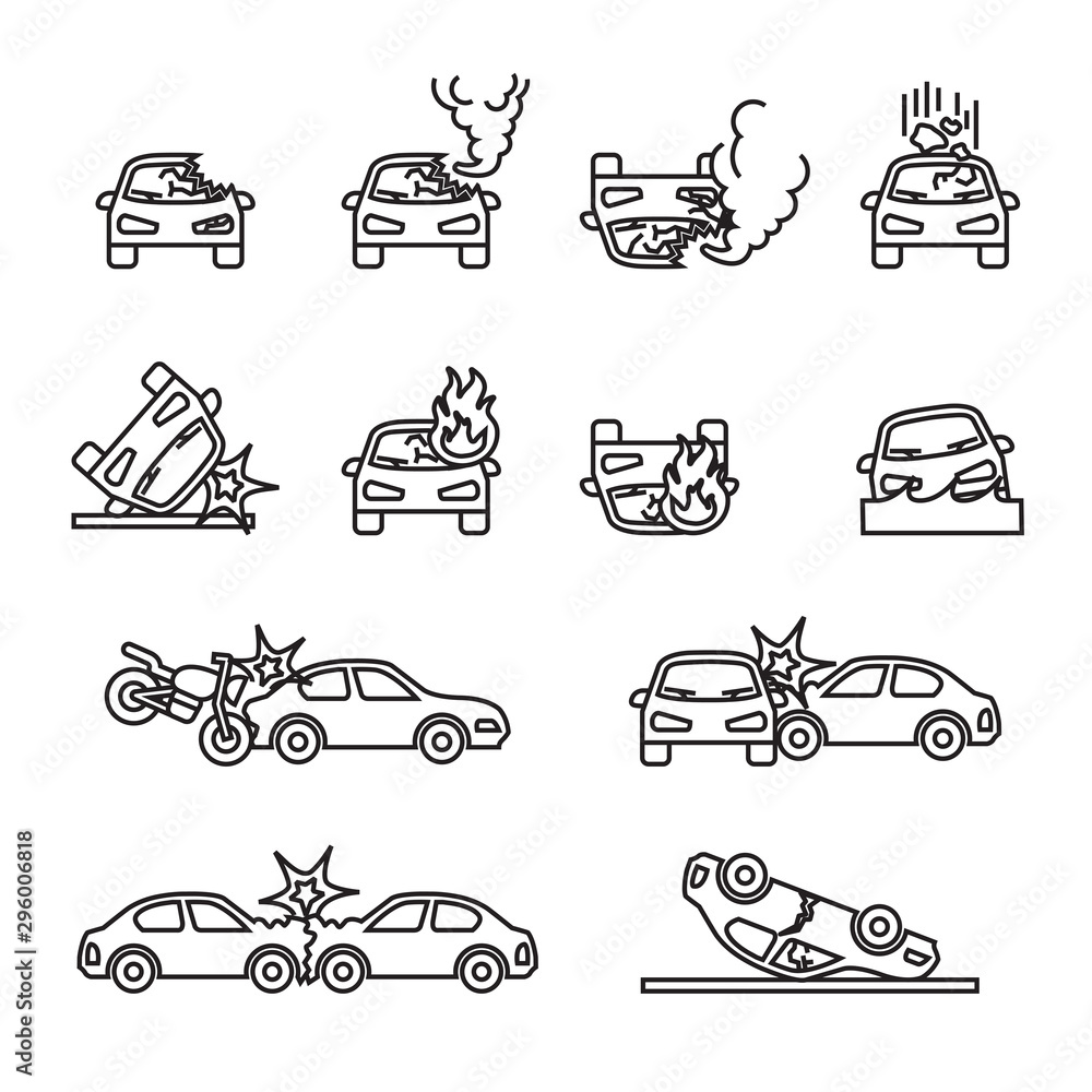 Car accident, Car crash related vector icon set with white background ...