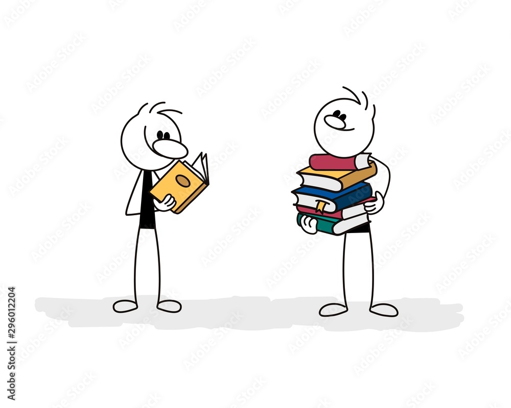 Doodle stick figure: Two men with books. Hand drawn cartoon vector ...