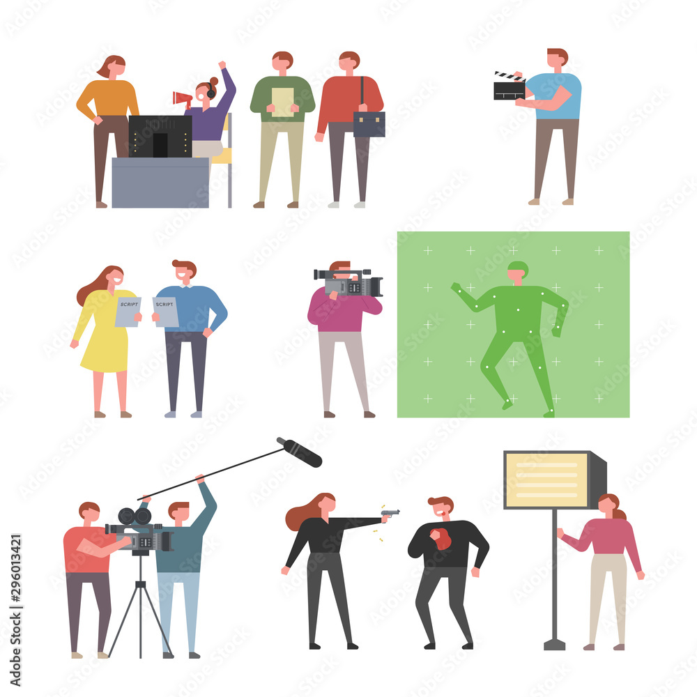People filming in various positions. flat design style minimal vector ...