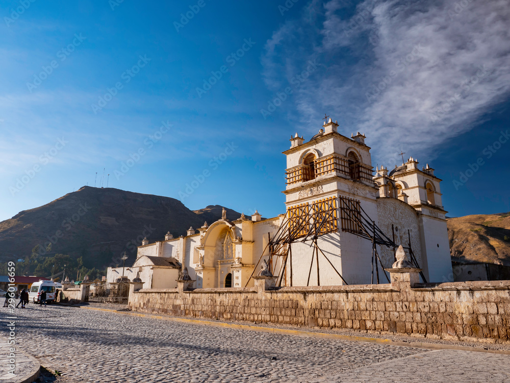 Reconstruction of a white church built by the Spanish conquerors ...