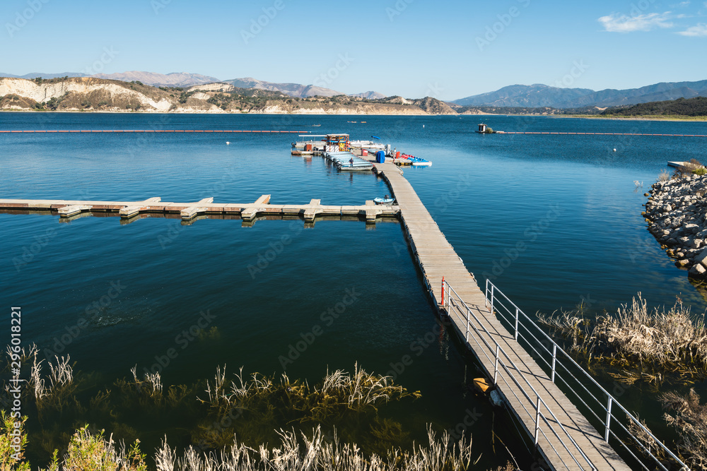 Cachuma Lake marina with a variety of fishing and pontoon boats ...