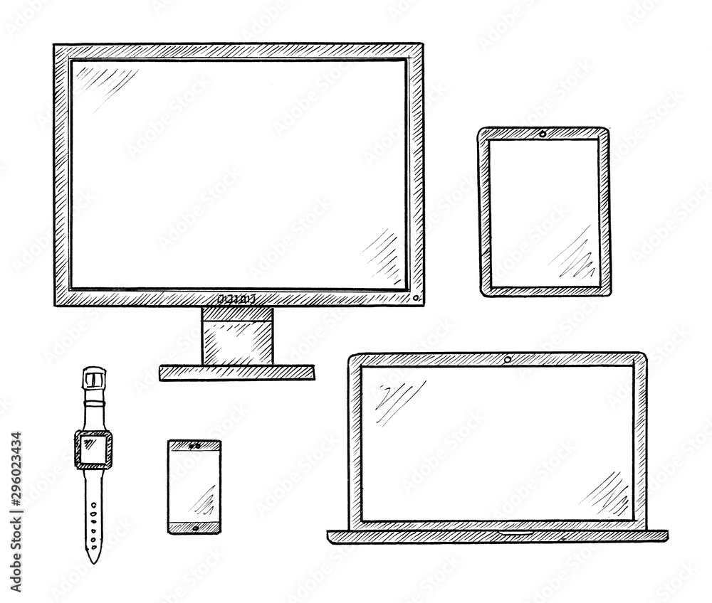 Hand drawn sketch of multimedia devices - computer, tablet, smartphone ...